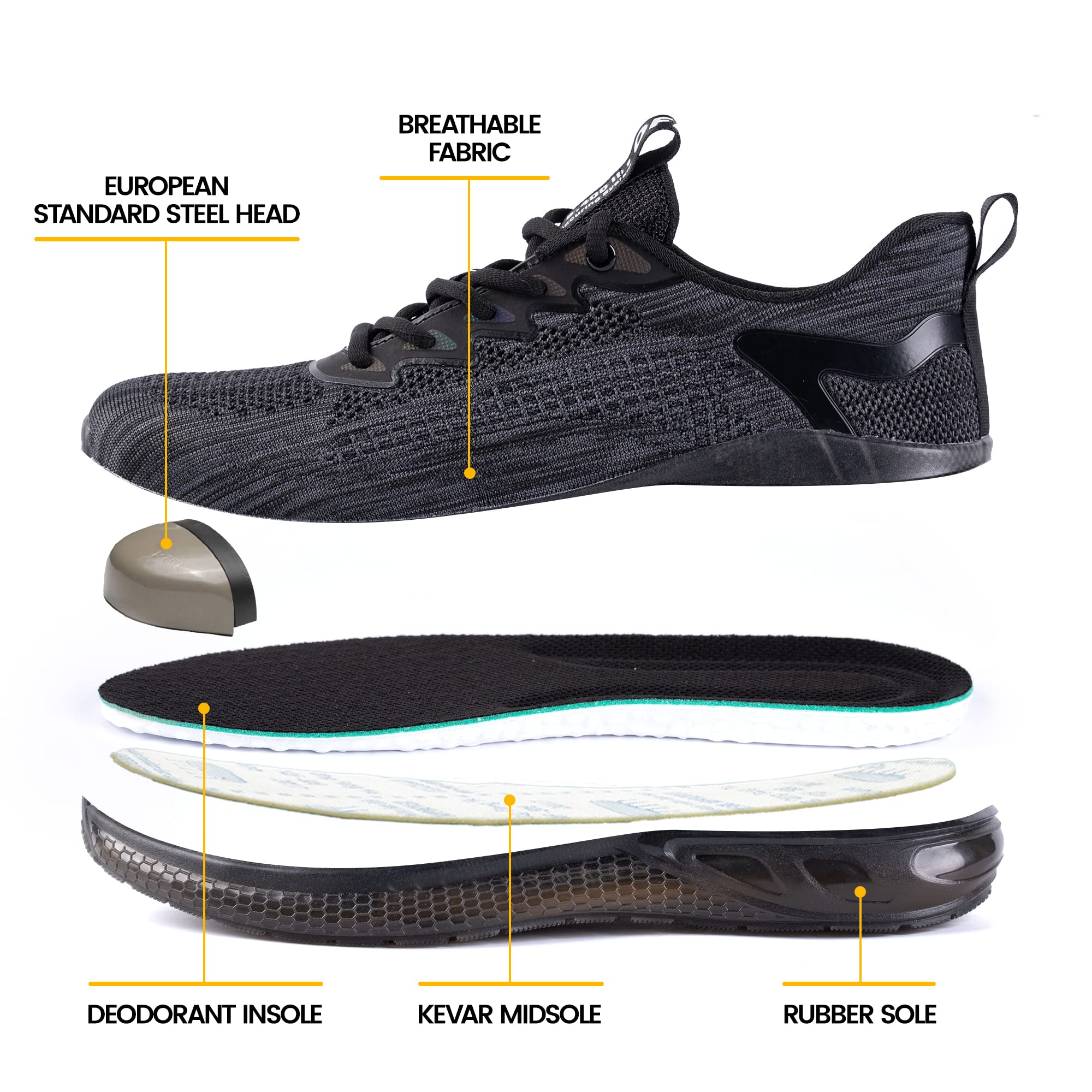 DINGGU Steel Toe Shoes for Men Lightweight Safety Indestructible Work Shoes Comfortable Breathable Non-Slip Slip on Composite Toe Sneakers for Industrial Construction Black 12