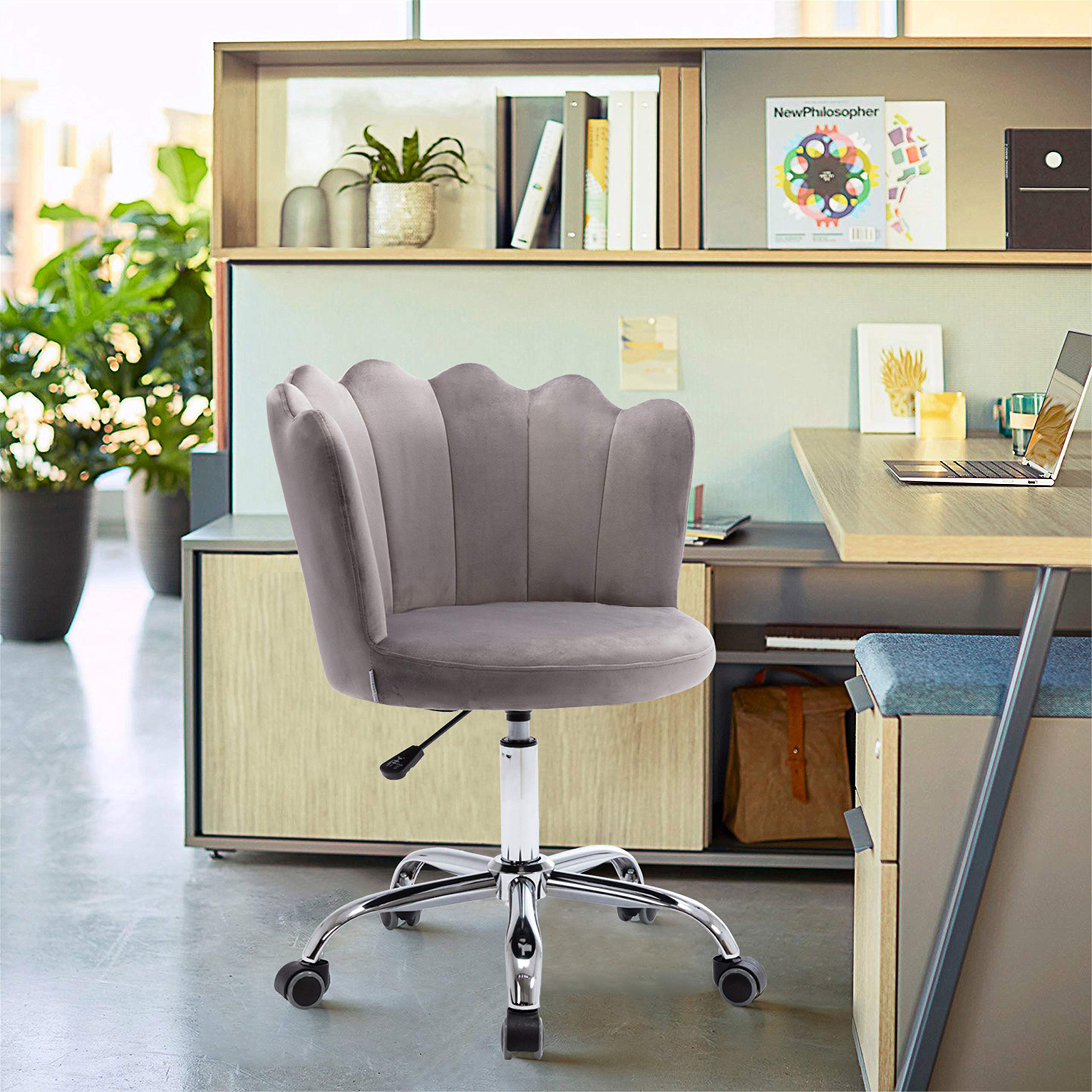 Bellemave Armless Office Cute Desk Chair, Home Office Desk Chair w/ Wheels, Velvet Vanity Chair, Adjustable Swivel Mid-Back Task Chair for Small Space, Living Room, Make-up, Study, Gray Shell Chair