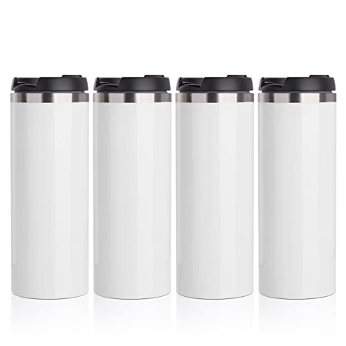 PYD Life Sublimation Tumblers Water Bottles 14 OZ White with Lid Stainless Steel Double Walled Coffee Tumblers Flasks for Tumbler Heat Press 4 Pack