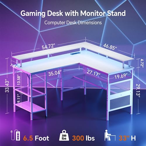 FEMOND L-Shaped Gaming Desk with LED Lights, Modern White Computer Desk, 55 Inch, 3 Shelves, 1 Adjustable Shelf, Perfect for Home Office, Gaming Setup, and Small Places