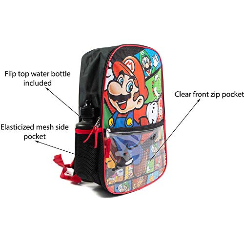 Super Mario Backpack with Lunch Box Set for Boys & Girls, 16 inch, 5 Piece Value Set