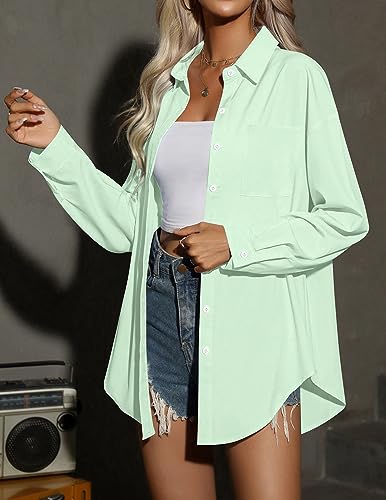 HOTOUCH Button Up Shirts for Women Long Sleeve Loose Collar Shirt Soft Boyfriend Blouses with Pockets Light Green XL