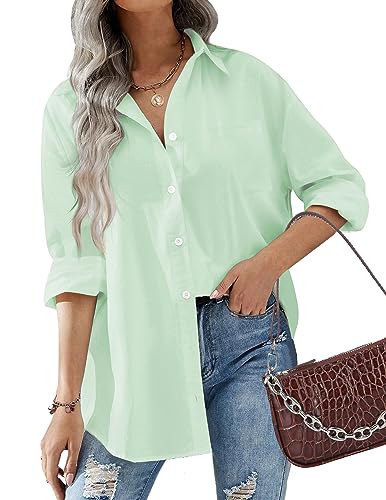HOTOUCH Button Up Shirts for Women Long Sleeve Loose Collar Shirt Soft Boyfriend Blouses with Pockets Light Green XL