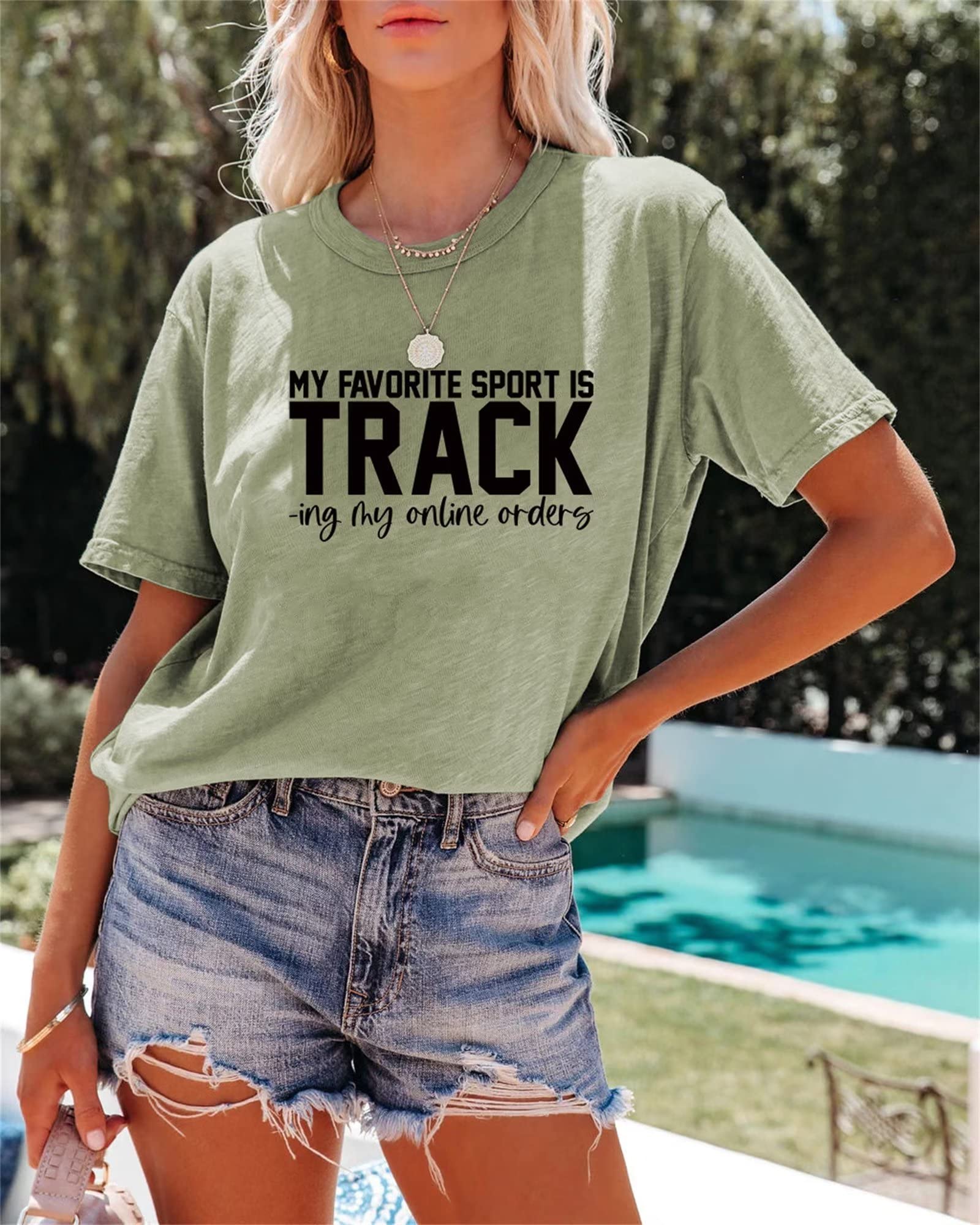 Funny Short Sleeve Shirts for Women Graphics Tees My Favorite Sport is Track -ing My Online Orders Cute Letter Tshirt Tops