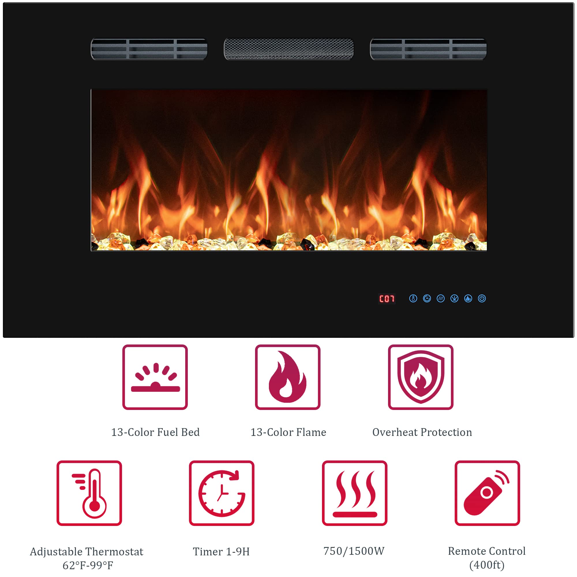 30" Electric Fireplaces Inserts, Recessed & Wall-Mounted Fireplace Heater with Thermostat, Multicolor Flames,Timer, Log & Crystal, 750/1500W