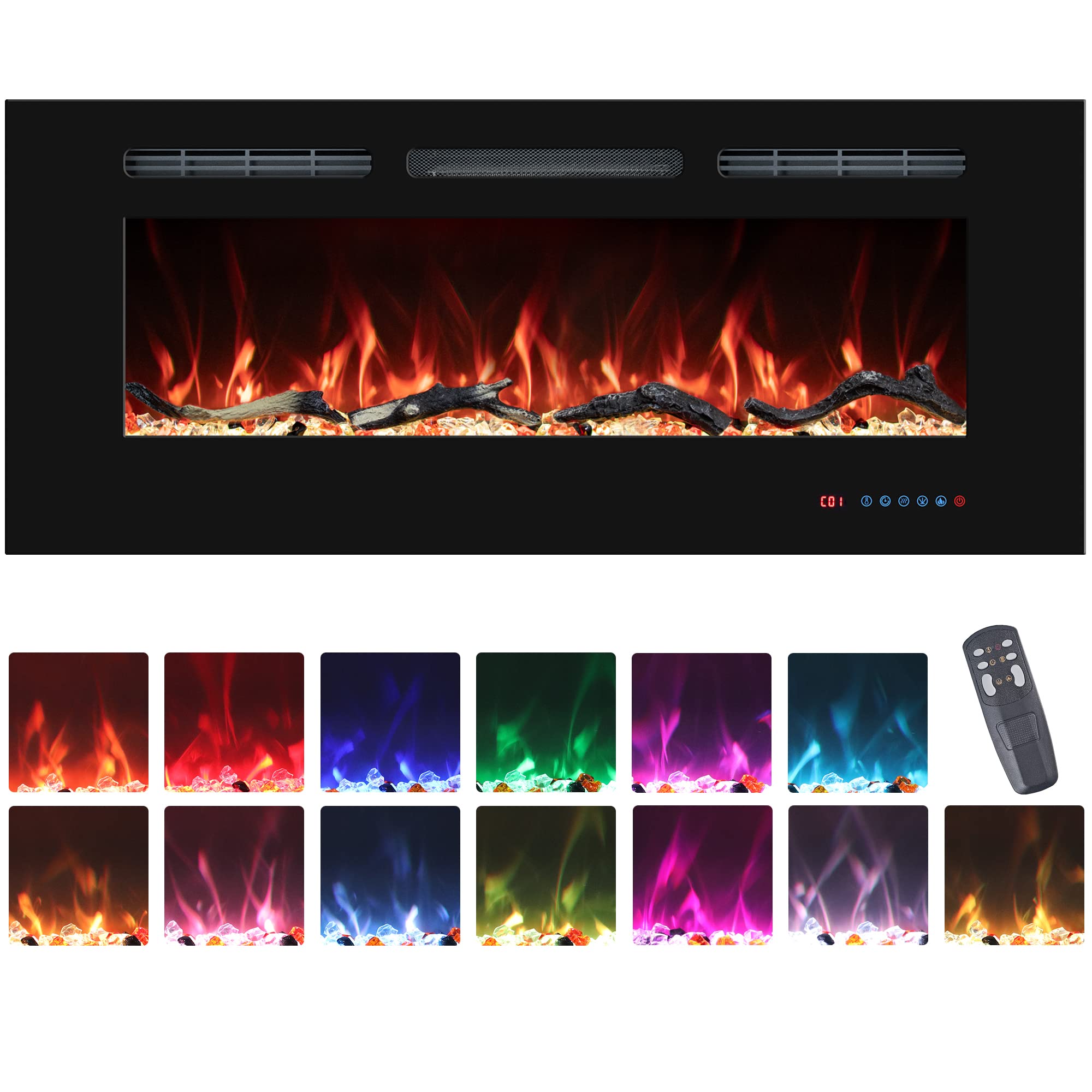 30" Electric Fireplaces Inserts, Recessed & Wall-Mounted Fireplace Heater with Thermostat, Multicolor Flames,Timer, Log & Crystal, 750/1500W