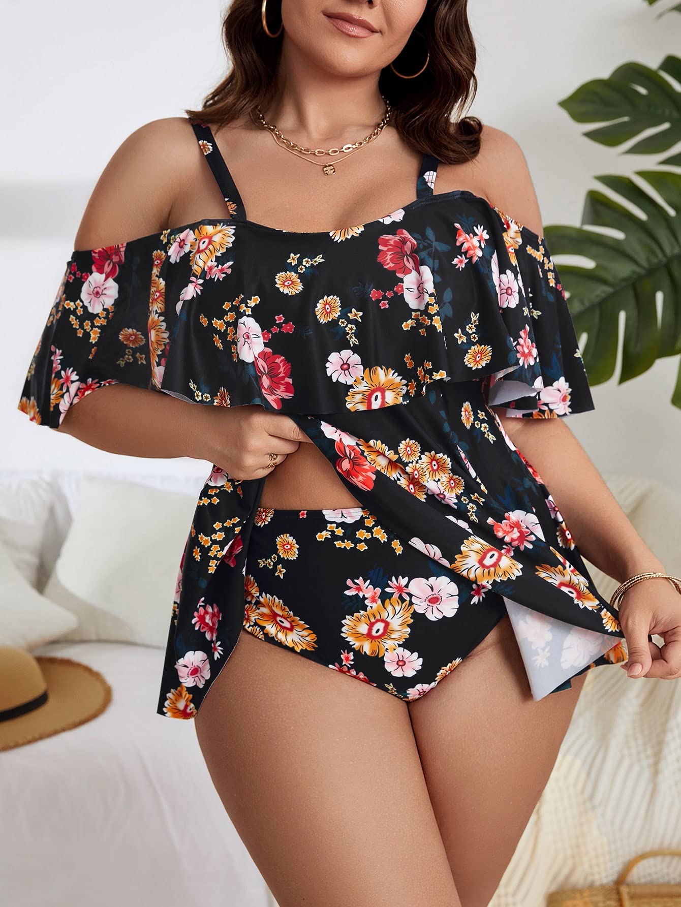 SOLY HUX Plus Size 2 Piece Tankini Floral Print Swimsuit Ruffle Trim Bikini Set Tummy Control Bottom Bathing Suit
