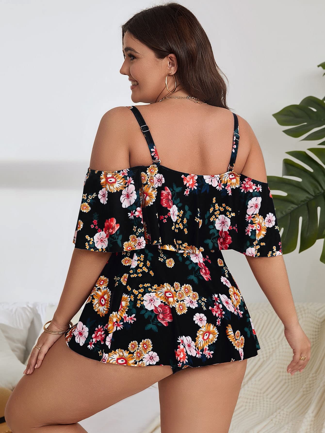SOLY HUX Plus Size 2 Piece Tankini Floral Print Swimsuit Ruffle Trim Bikini Set Tummy Control Bottom Bathing Suit