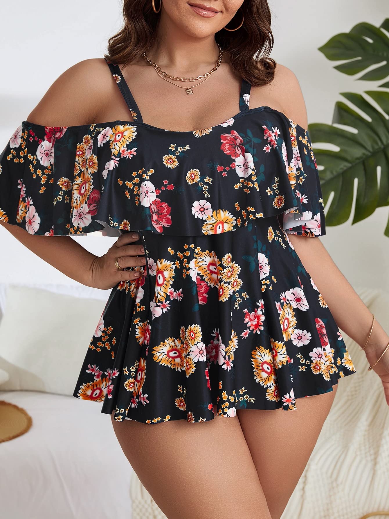 SOLY HUX Plus Size 2 Piece Tankini Floral Print Swimsuit Ruffle Trim Bikini Set Tummy Control Bottom Bathing Suit