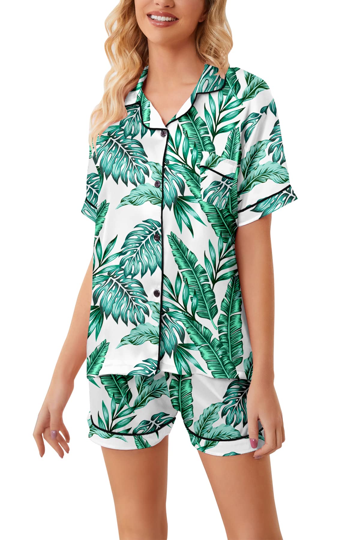 Silk Pjs for Women Set, Cute Silky Matching 2 Pcs Comfy Nightwear Button Down Sexy Soft Satin Summer Pj Short Set, Leaves Green, Medium