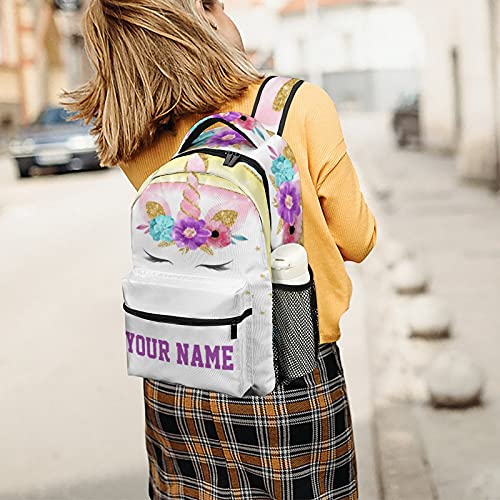 Custom Kid Backpack, Pink Unicorn Flower Personalized School Bookbag with Your Own Name, Customization Casual Bookbags for Student Girls Boys