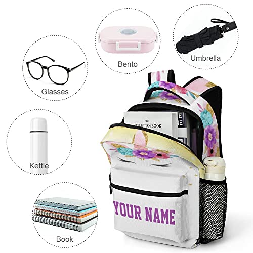 Custom Kid Backpack, Pink Unicorn Flower Personalized School Bookbag with Your Own Name, Customization Casual Bookbags for Student Girls Boys