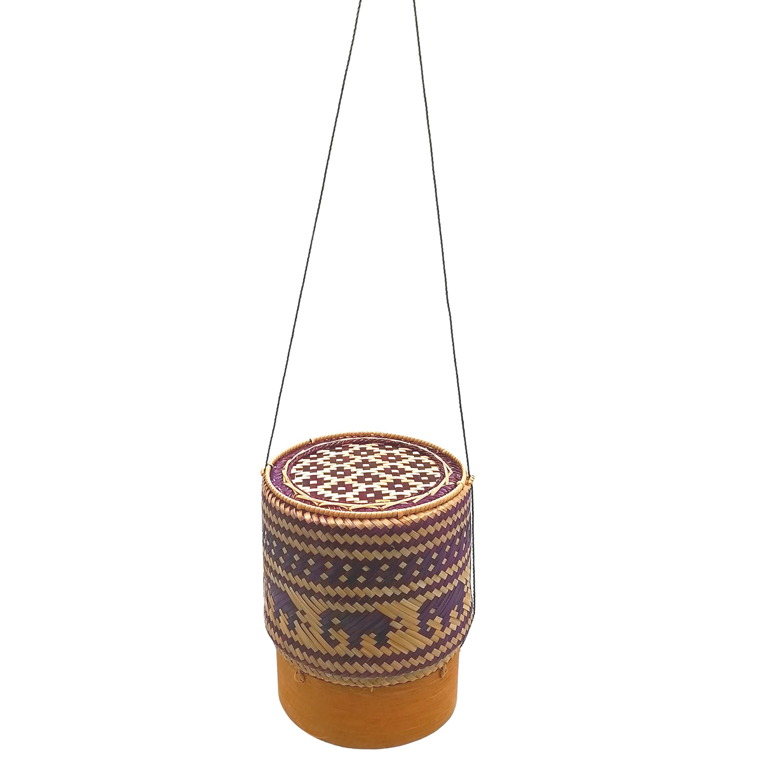 Bamboo Sticky Rice Serving Basket 5x6 Inch, Kratip, Intricately Woven Container, Round Shaped, Elephant Weave Pattern, Thailand Handmade, Dyed with Natural Based (Purple)