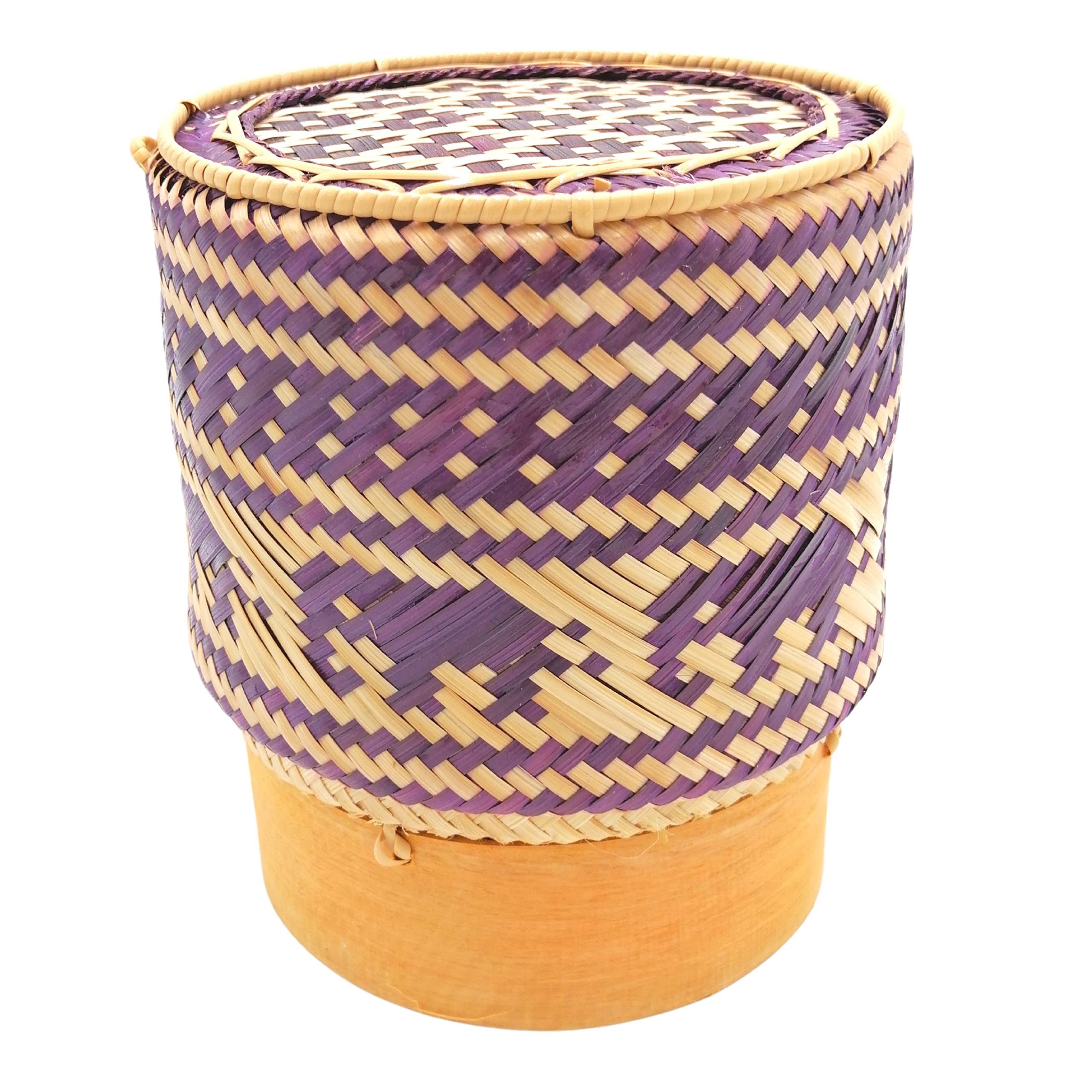 Bamboo Sticky Rice Serving Basket 5x6 Inch, Kratip, Intricately Woven Container, Round Shaped, Elephant Weave Pattern, Thailand Handmade, Dyed with Natural Based (Purple)