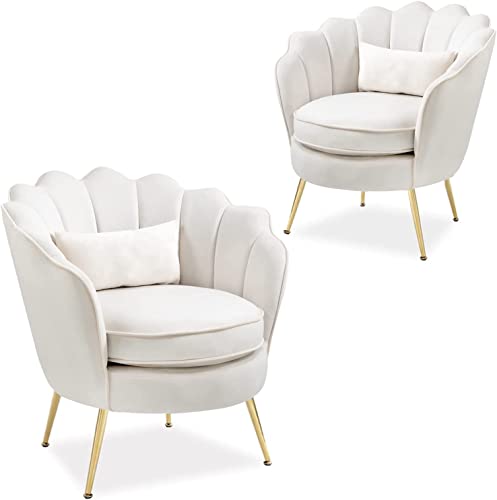 ZJhome Modern Accent Velvet Chairs Shell Shape Barrel Chairs Comfy Upholstered Vanity Chairs for Bedroom Armchair Chairs with Golden Metal Legs Makeup Chairs for Living Room (White)