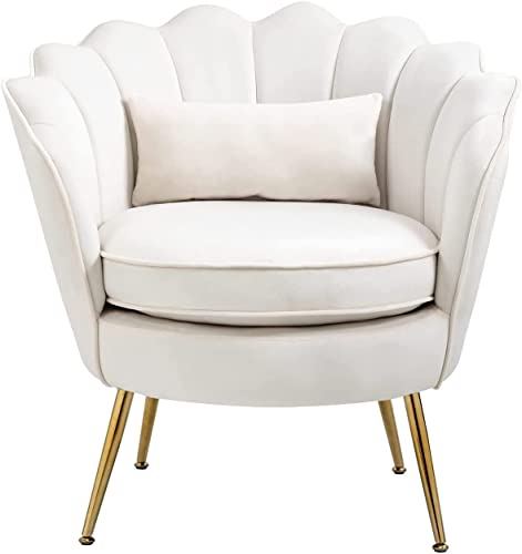 ZJhome Modern Accent Velvet Chairs Shell Shape Barrel Chairs Comfy Upholstered Vanity Chairs for Bedroom Armchair Chairs with Golden Metal Legs Makeup Chairs for Living Room (White)