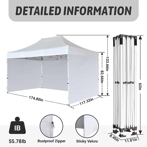 ShiningShow Commercial Canopy Tent Pop Up with 3 Sidewalls, 1 Roller Bag, 4 Ropes & 8 Stakes for Supplier Showcases, Trade Shows, Art Fairs(10x15,White)