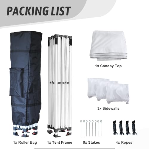 ShiningShow Commercial Canopy Tent Pop Up with 3 Sidewalls, 1 Roller Bag, 4 Ropes & 8 Stakes for Supplier Showcases, Trade Shows, Art Fairs(10x15,White)