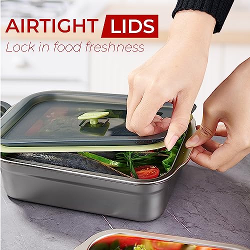 SUBRON 2Pcs Stainless Steel Food Storage Containers with Airtight Lids Set, Stackable Leak Proof Metal Lunch Bento Box Dishwasher & Freezer Safe (51+64oz