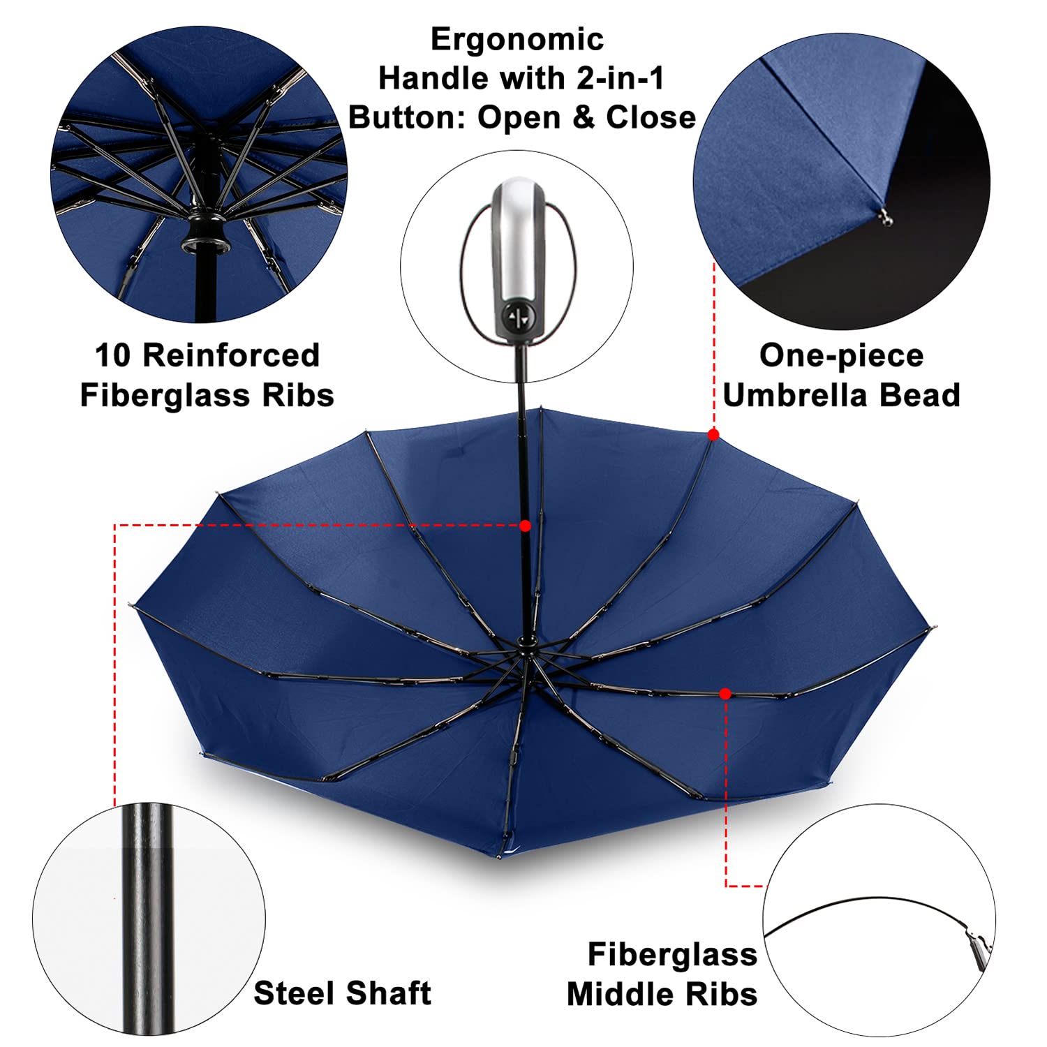 TradMall 5 Pack Bulk Umbrellas Travel Windproof Portable Compact Large Size Canopy for Rain Auto Open & Close, Blue