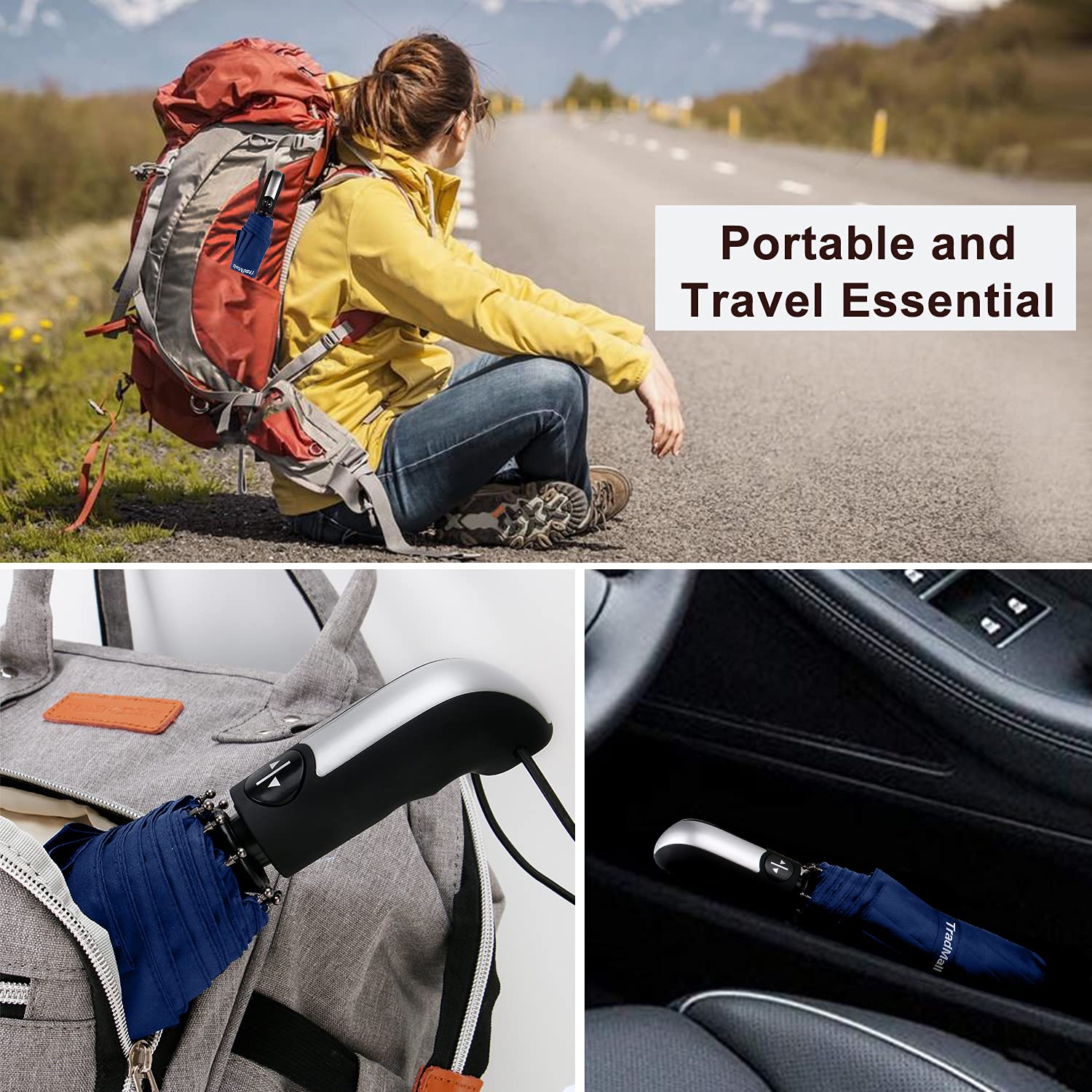 TradMall 5 Pack Bulk Umbrellas Travel Windproof Portable Compact Large Size Canopy for Rain Auto Open & Close, Blue