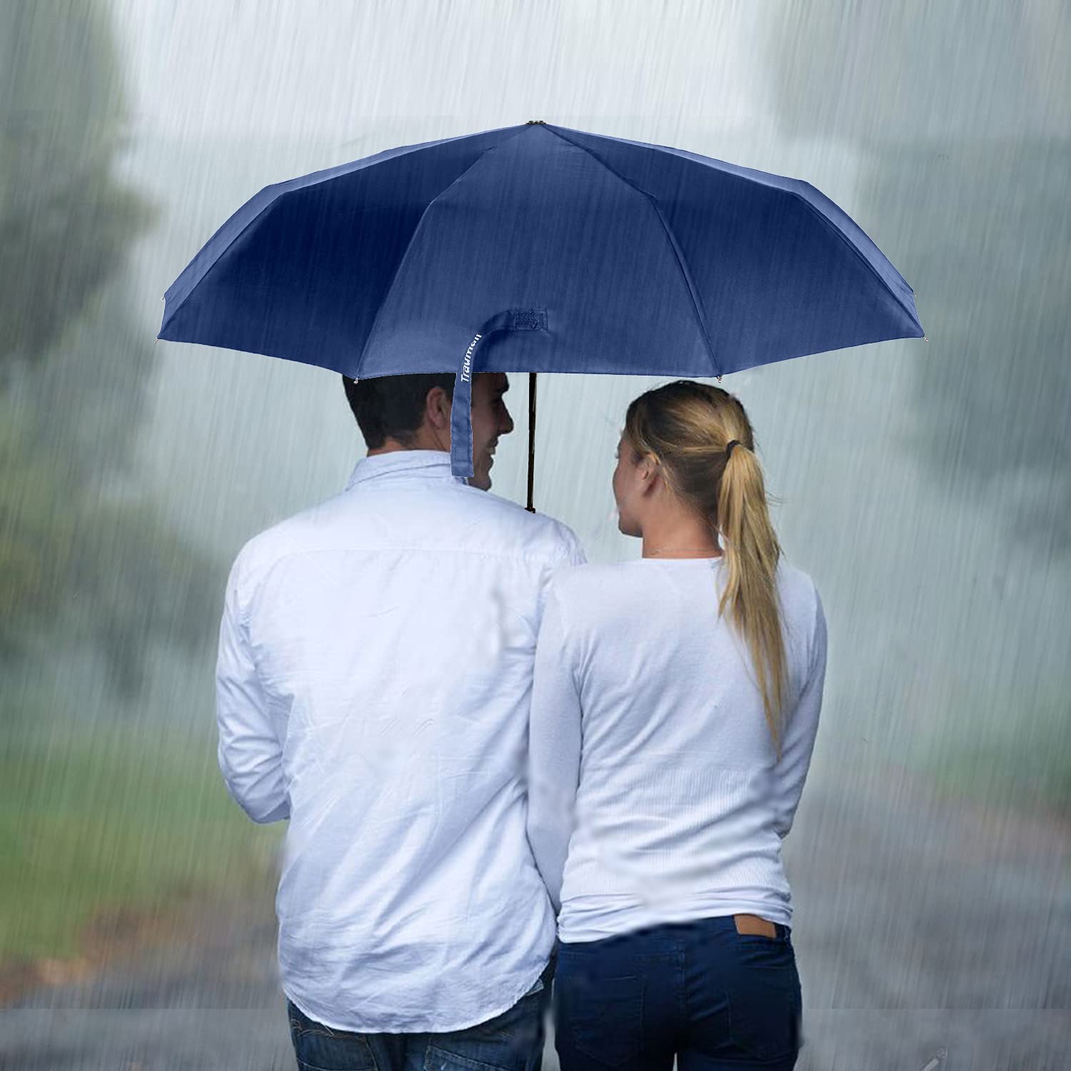 TradMall 5 Pack Bulk Umbrellas Travel Windproof Portable Compact Large Size Canopy for Rain Auto Open & Close, Blue