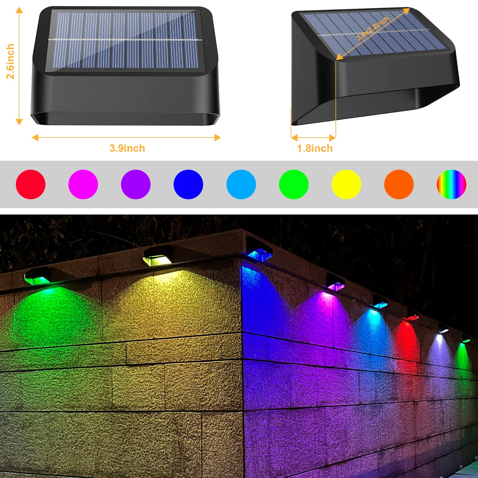 FLITI Solar Lights Outdoor 8 Pack, RGB 8 Colors, Dusk to Dawn Deck Light, Solar Deck Lights for Outside IP65 Waterproof, Backyard/Railing/Wall/Step/Patio/Fence