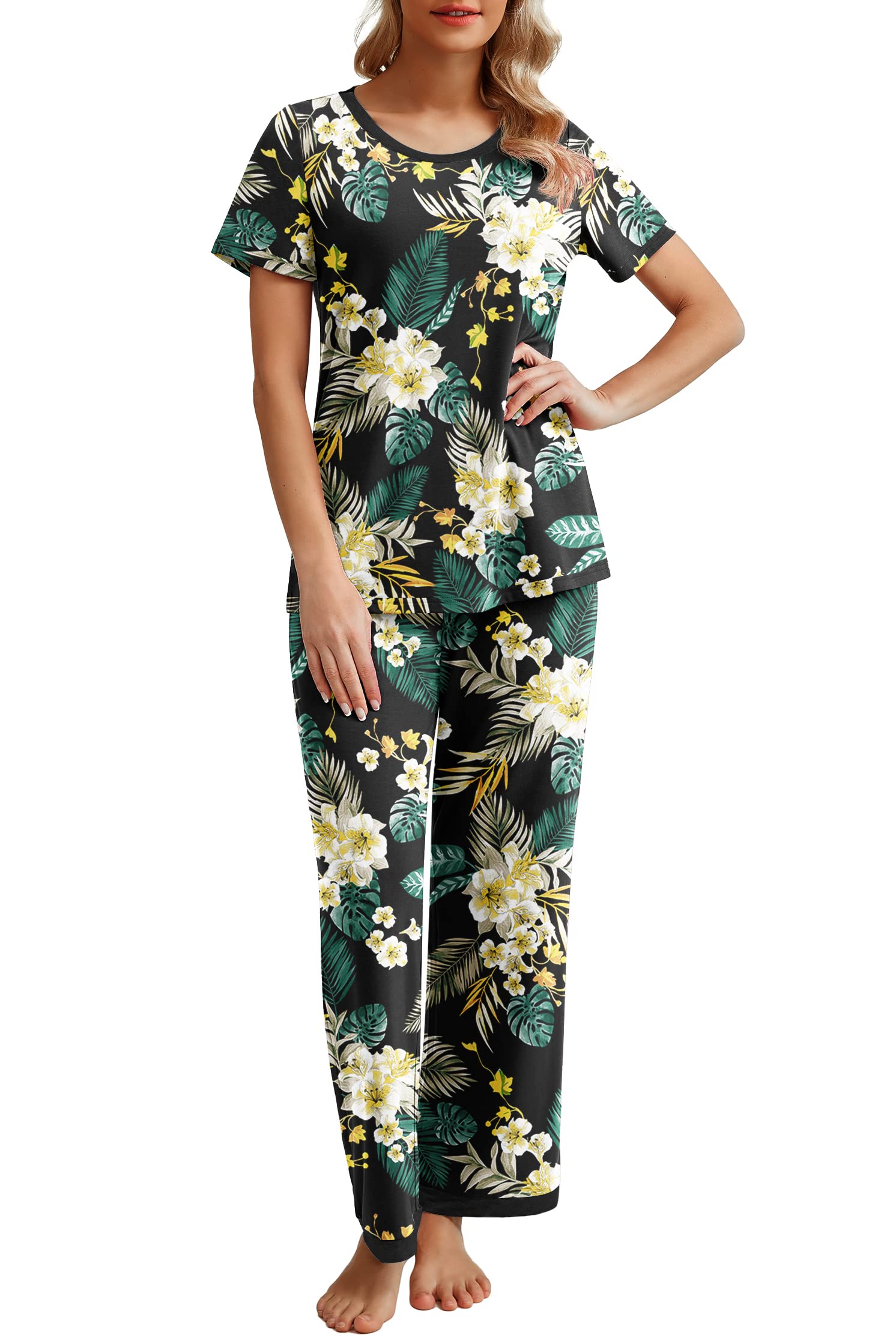 PrinStory Womens Pajama Sets 2025 Short Sleeve Pajama Sets for Women 2 Piece Lounge Set Ladies Soft Pjs FP-Green Leaf Lily-L
