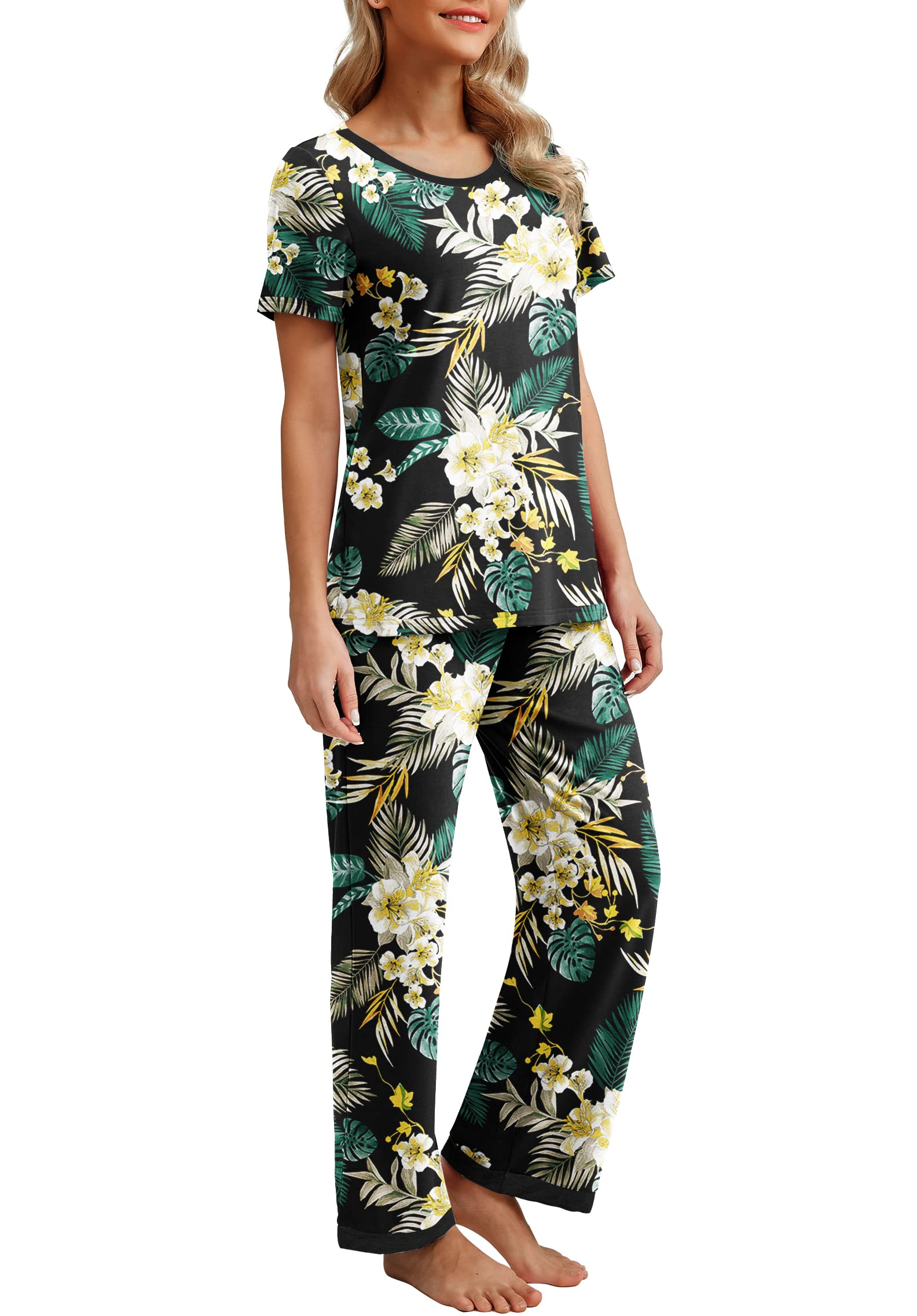 PrinStory Womens Pajama Sets 2025 Short Sleeve Pajama Sets for Women 2 Piece Lounge Set Ladies Soft Pjs FP-Green Leaf Lily-L