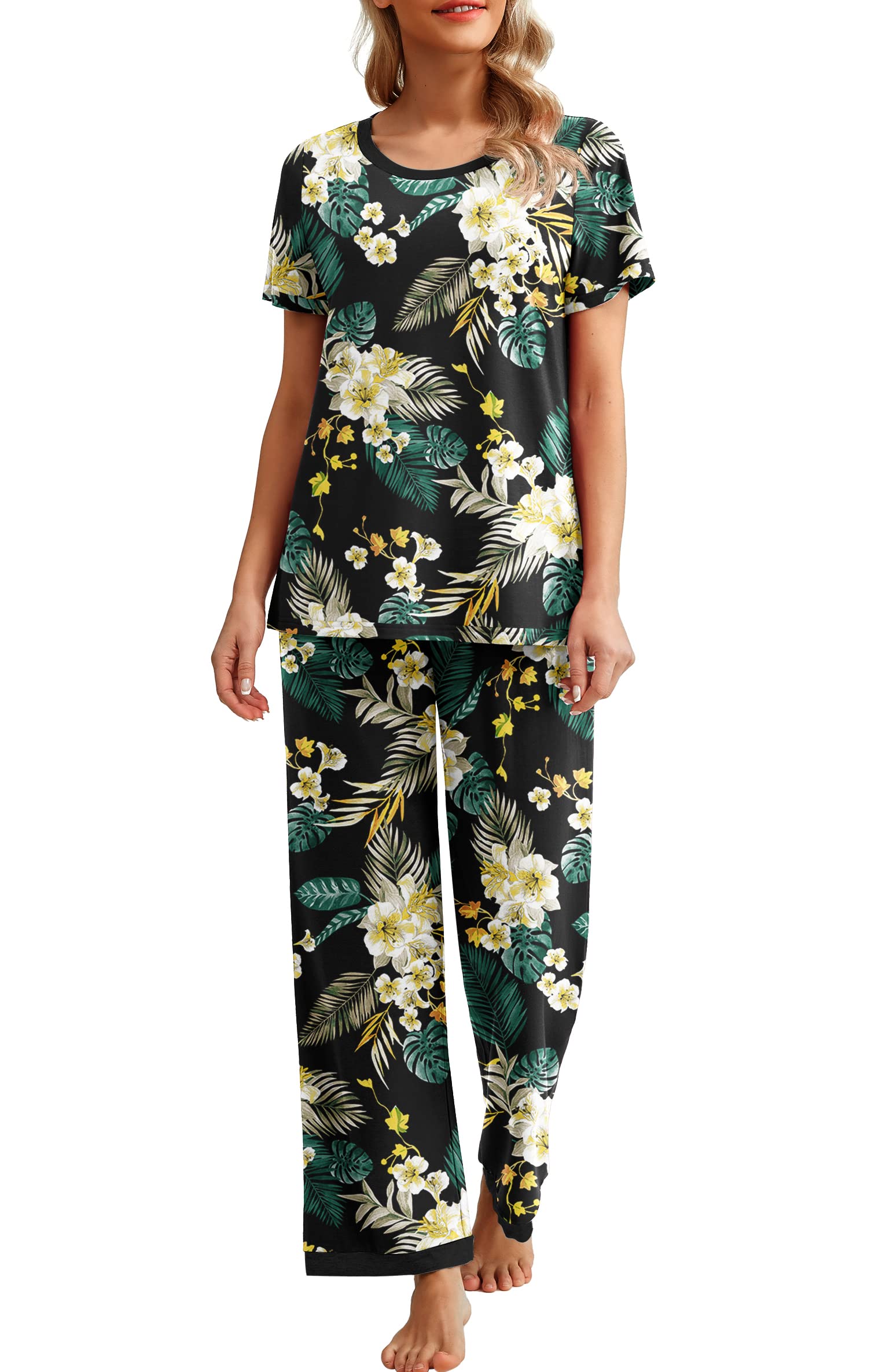 PrinStory Womens Pajama Sets 2025 Short Sleeve Pajama Sets for Women 2 Piece Lounge Set Ladies Soft Pjs FP-Green Leaf Lily-L