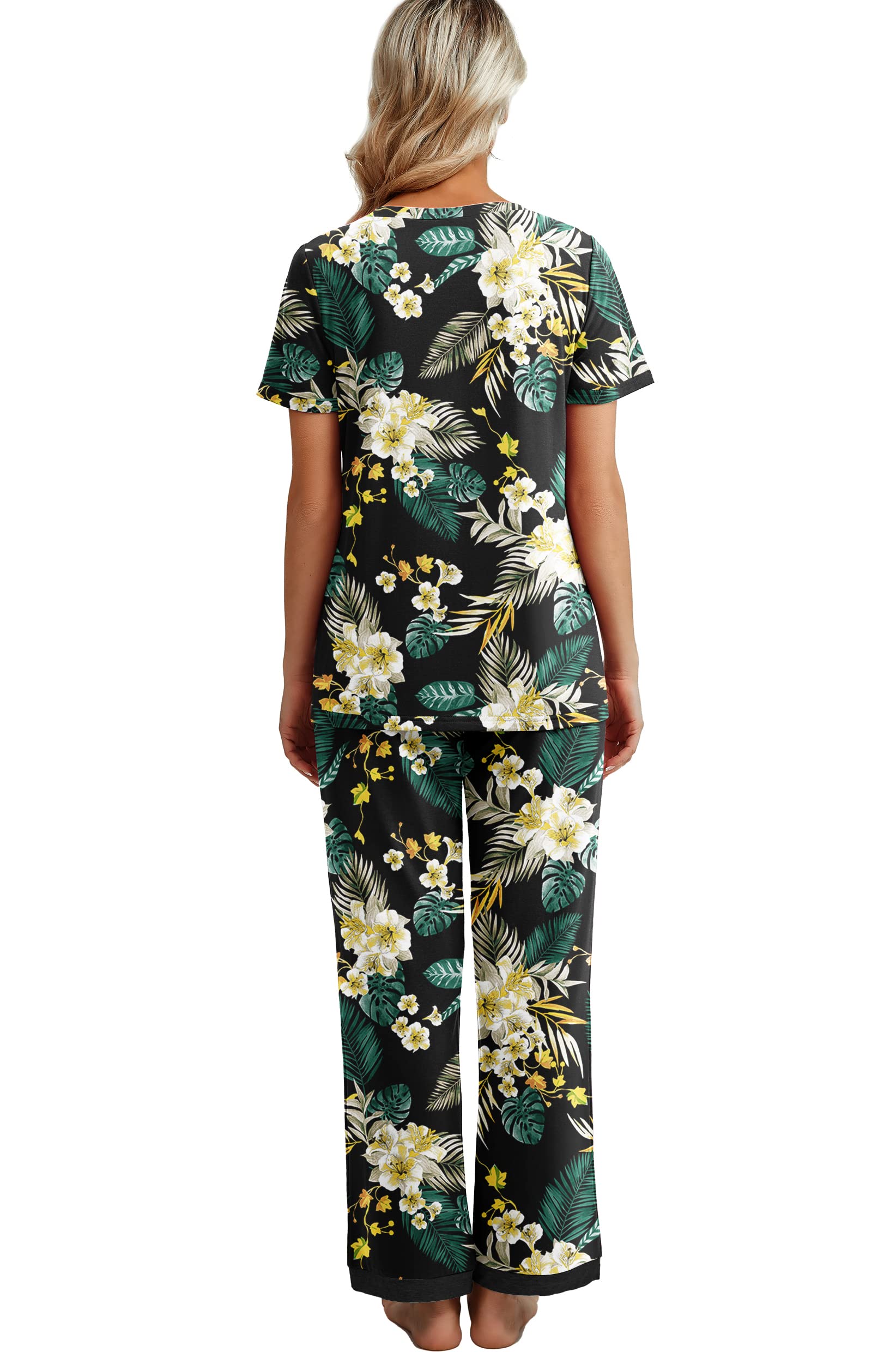 PrinStory Womens Pajama Sets 2025 Short Sleeve Pajama Sets for Women 2 Piece Lounge Set Ladies Soft Pjs FP-Green Leaf Lily-L