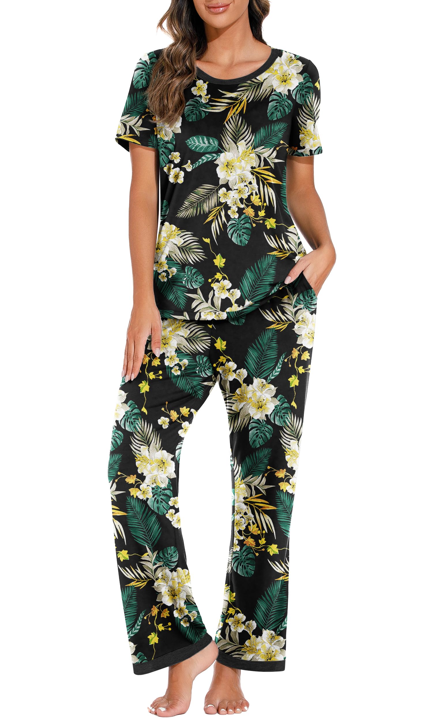 PrinStory Womens Pajama Sets 2025 Short Sleeve Pajama Sets for Women 2 Piece Lounge Set Ladies Soft Pjs FP-Green Leaf Lily-L