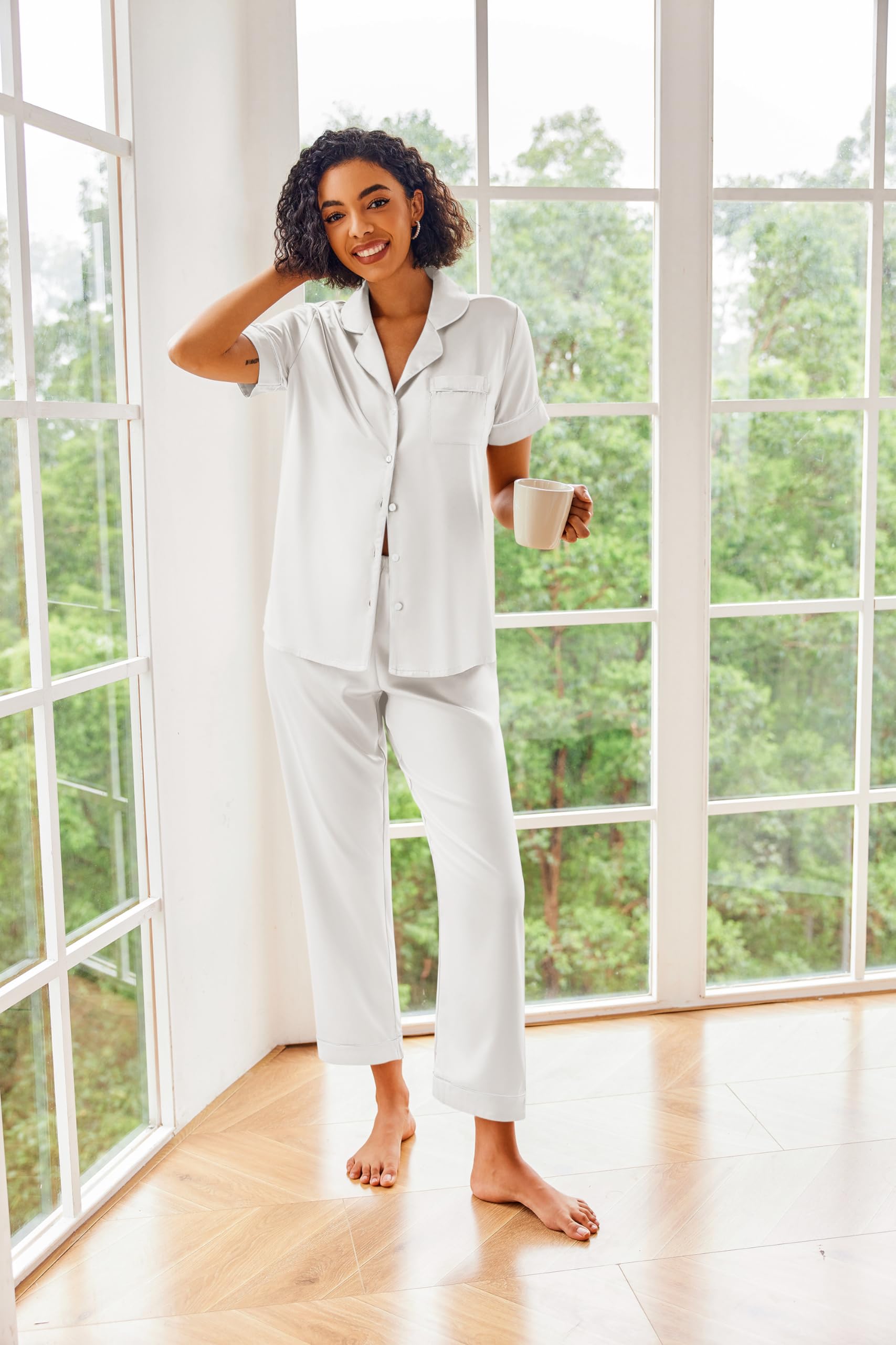 Ekouaer Silk Satin Pajamas Set Women Short Sleeve Sleepwear Soft Button Down Loungewear Pjs Set White X-Large