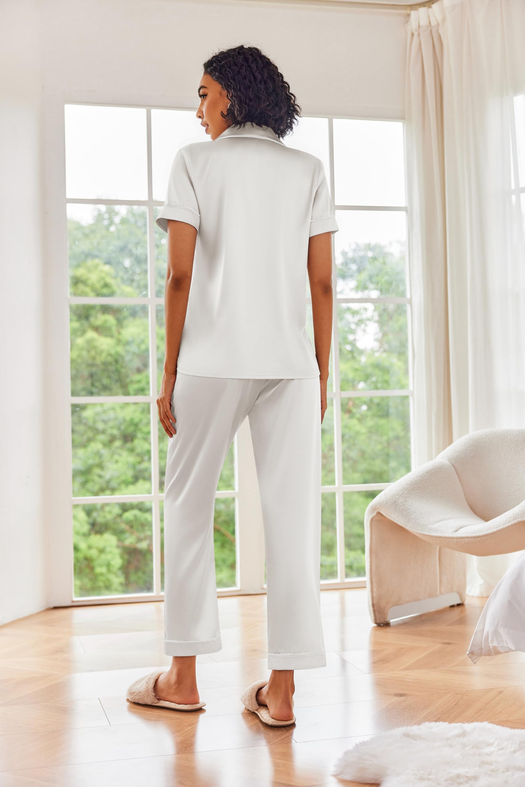 Ekouaer Silk Satin Pajamas Set Women Short Sleeve Sleepwear Soft Button Down Loungewear Pjs Set White X-Large