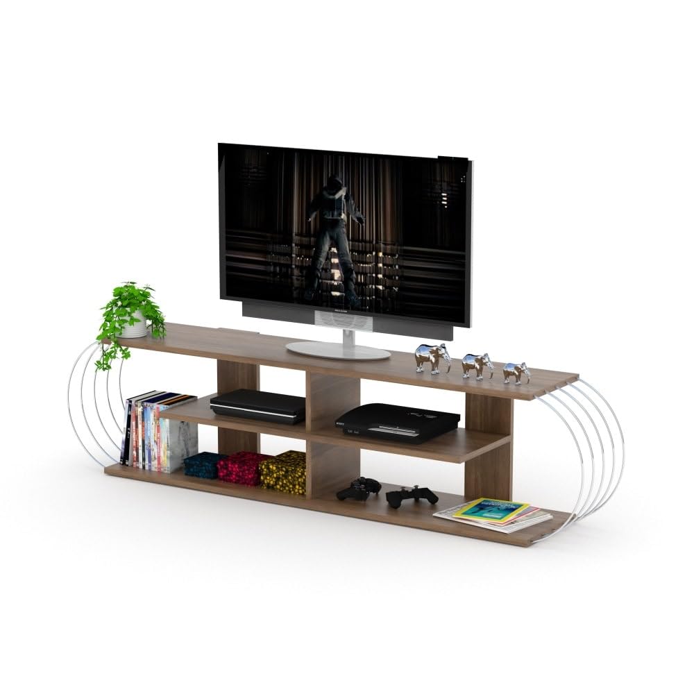 Casemiro Mid Century Modern Tv Stand 4 Shelves Open Storage Entertainment Centre 68 inch Tv Unit Walnut-Chrome