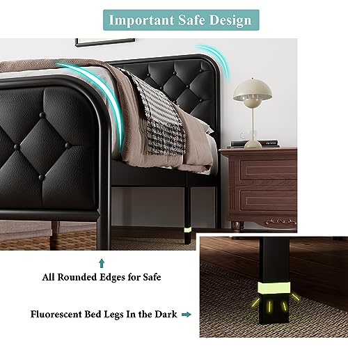 iPormis Upholstered Queen Platform Bed Frame, Heavy Duty Mattress Foundation, 12" Under Bed Space, Metal Slats Support, Button Faux Leather Headboard, Easy Assembly, Noise Free, Black