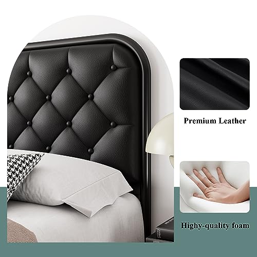iPormis Upholstered Queen Platform Bed Frame, Heavy Duty Mattress Foundation, 12" Under Bed Space, Metal Slats Support, Button Faux Leather Headboard, Easy Assembly, Noise Free, Black
