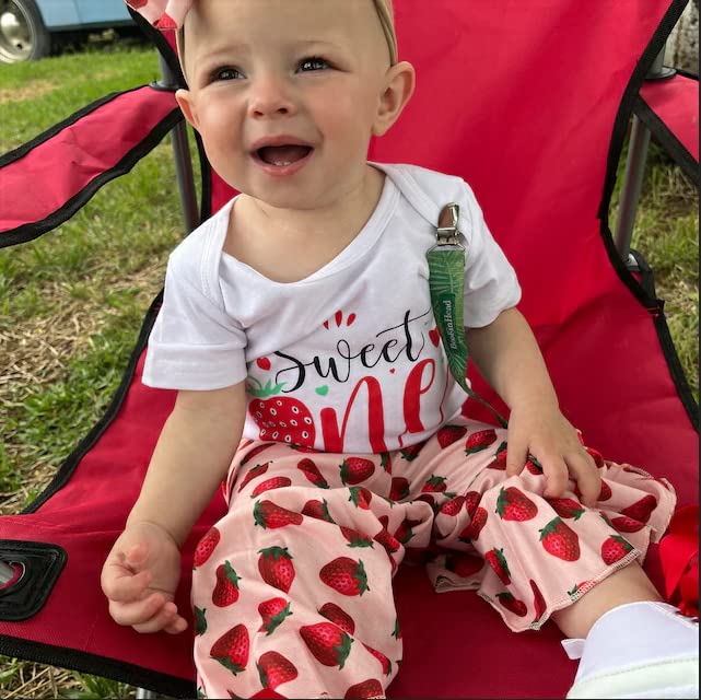 Baby Girl First Birthday Outfit Sweet One Fruit Short Sleeve Romper Top Flare Pants Headband 3Pcs Cake Smash Clothes (Strawberry, 12-18 Months)