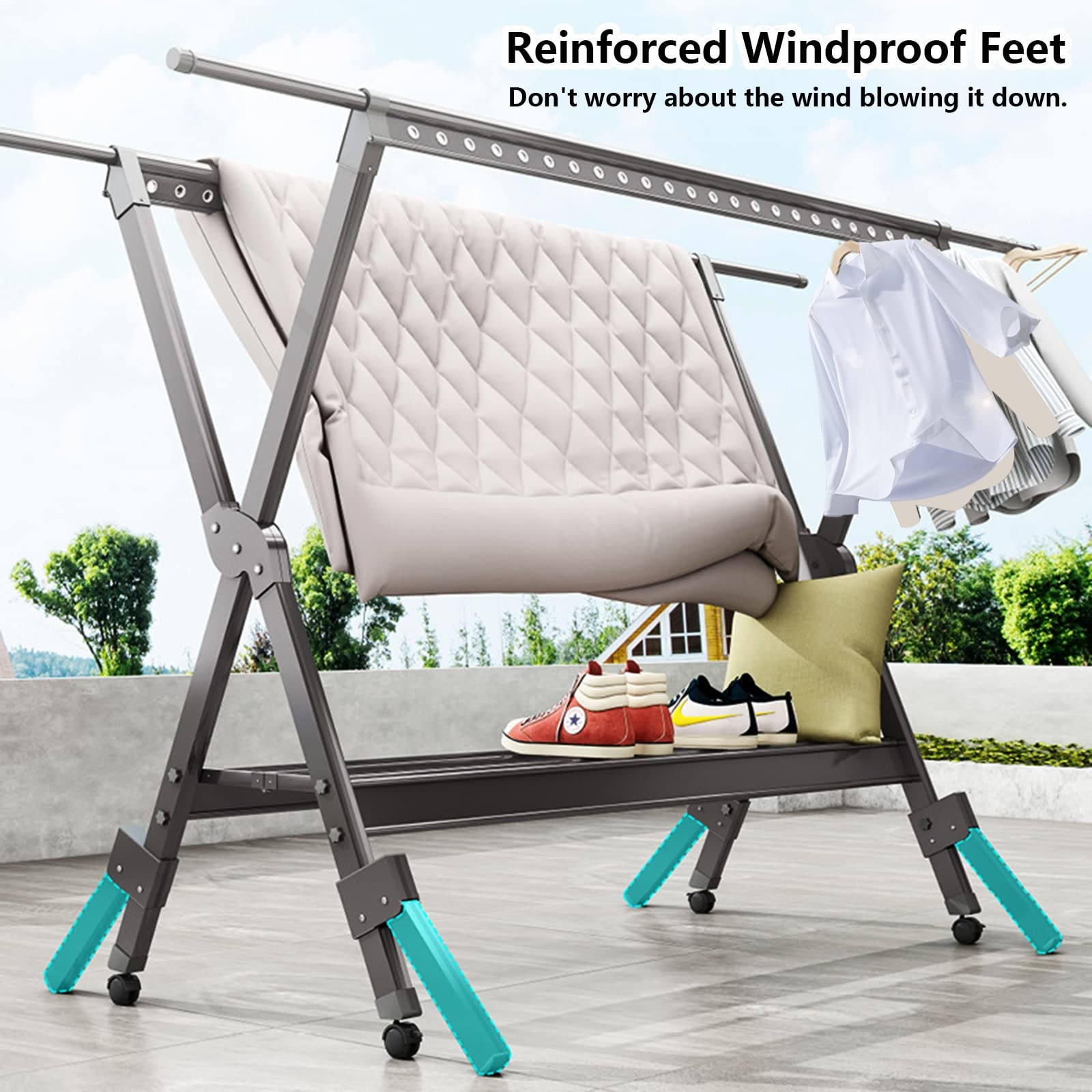 UVCMDUI Heavy Duty Clothes Airers Indoor Strong Folding, Windproof Retractable Drying Rack Collapsible Clothes Rail, Airing Rack Clothes Drying Rack for Indoor Outdoor,2 Poles with Shoe Rack,2.3m