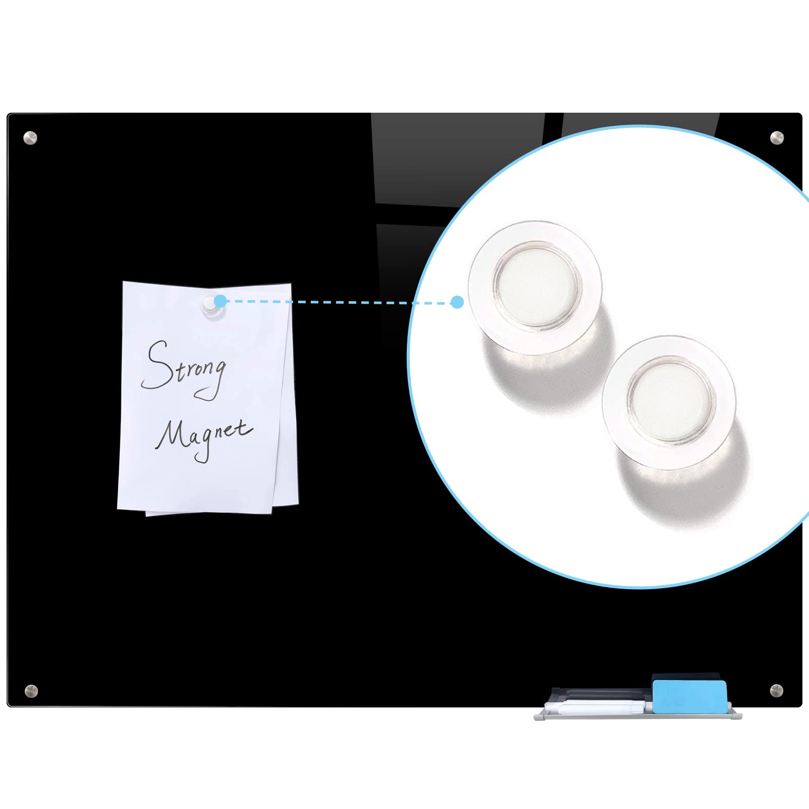 Magnetic Black Glass Board with Eraser Frameless Tempered Glass Dry Erase Blackboard with Marker Tray for Interactive Office, Wall Mounted Frosted Black Glass Board, 48" x 36"
