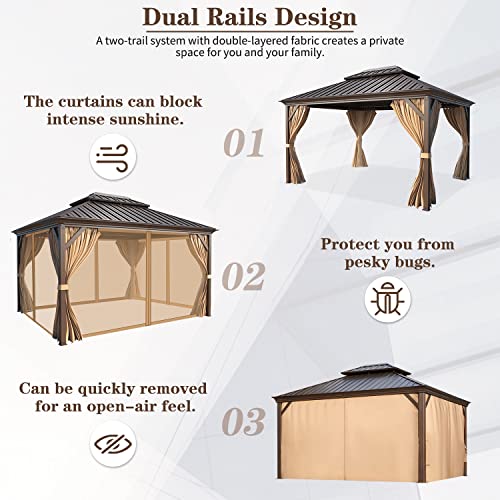 Erinnyees 12' X 14' Hardtop Gazebo,Galvanized Steel Double Roof with Mosquito Net and Shaded Curtains for Patio, Deck, Lawns, Backyard