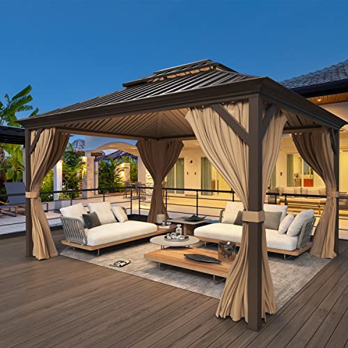 Erinnyees 12' X 14' Hardtop Gazebo,Galvanized Steel Double Roof with Mosquito Net and Shaded Curtains for Patio, Deck, Lawns, Backyard