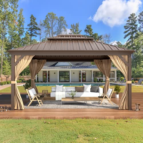 Erinnyees 12' X 14' Hardtop Gazebo,Galvanized Steel Double Roof with Mosquito Net and Shaded Curtains for Patio, Deck, Lawns, Backyard