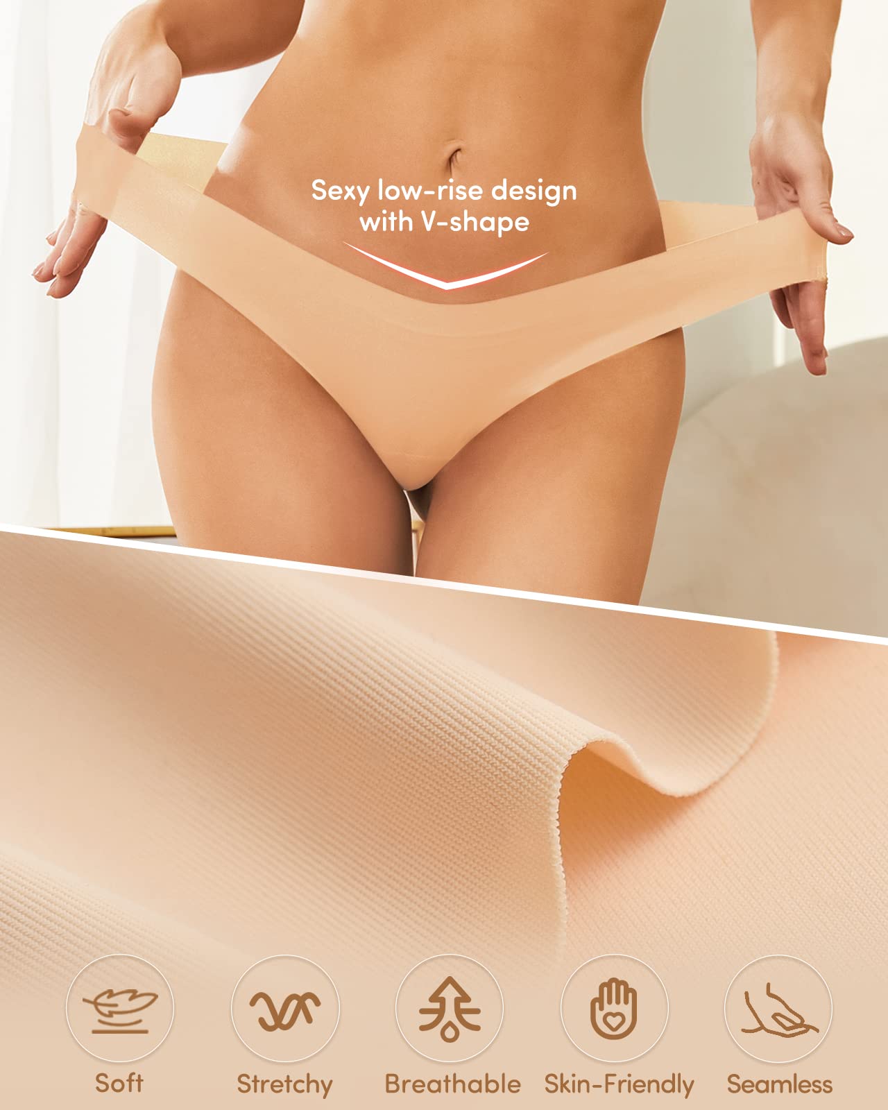 Adorel Women's Thong Underwear Seamless No Show Low Rise Panties Pack of 6 Nude Thongs S
