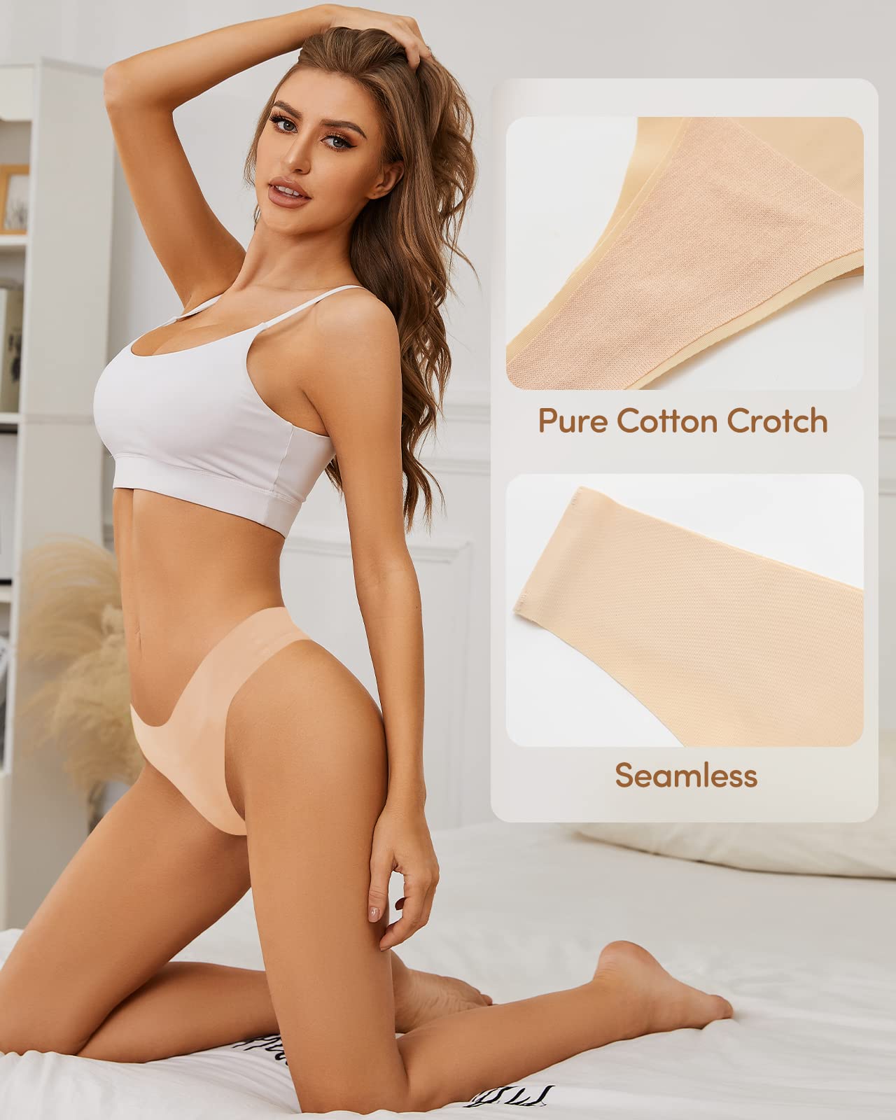 Adorel Women's Thong Underwear Seamless No Show Low Rise Panties Pack of 6 Nude Thongs S