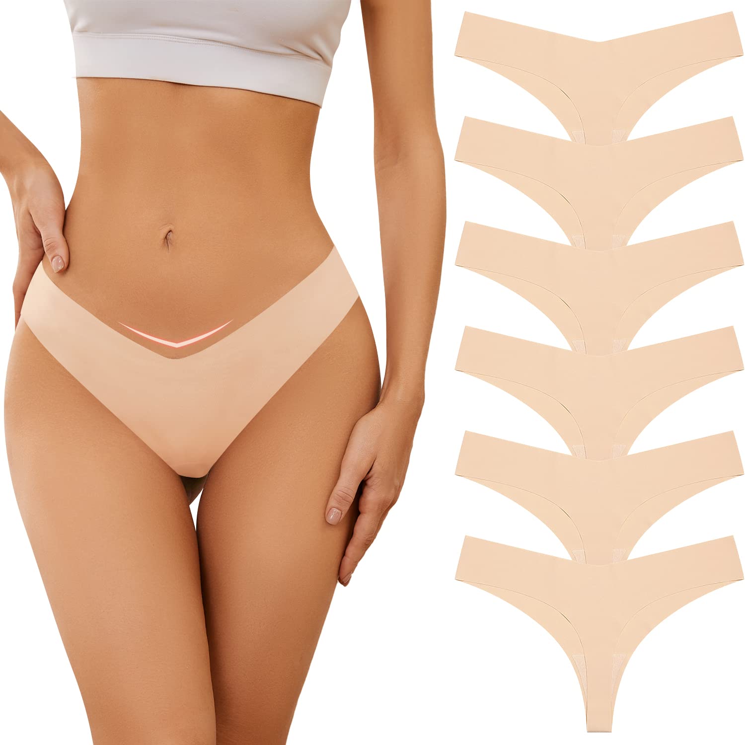 Adorel Women's Thong Underwear Seamless No Show Low Rise Panties Pack of 6 Nude Thongs S
