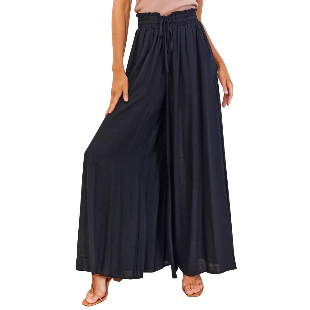 ODIZLI Flowy Beach Pants for Women Wide Leg Pants for Women Petite Length Palazzo Pants for Women High Waisted Beach Long Trousers Loose Fit Boho Pants Wrap Around Pants Gaucho Pants Black XL