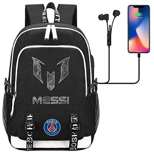 BanSel Teens Kids PSG School Backpack Bookbag-Messi Travel Bag with USB Charging Port, Black, One Size
