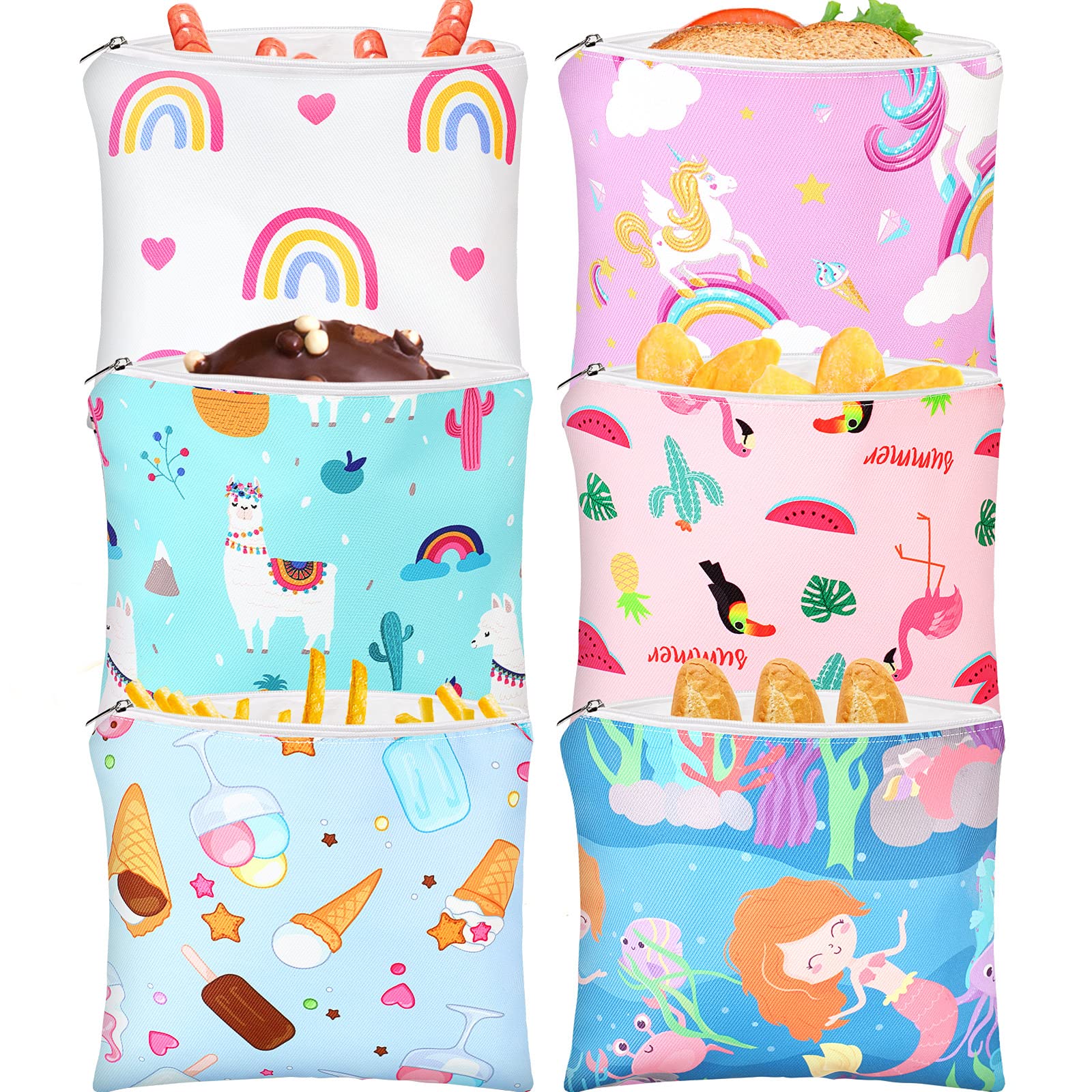 Chumia 6 Pieces Reusable Snack Sandwich Bags School Lunch for Kid Students Adults Large Snack Pouch Zipper Cartoon Washable Bags for Food 7 x 7 Inch