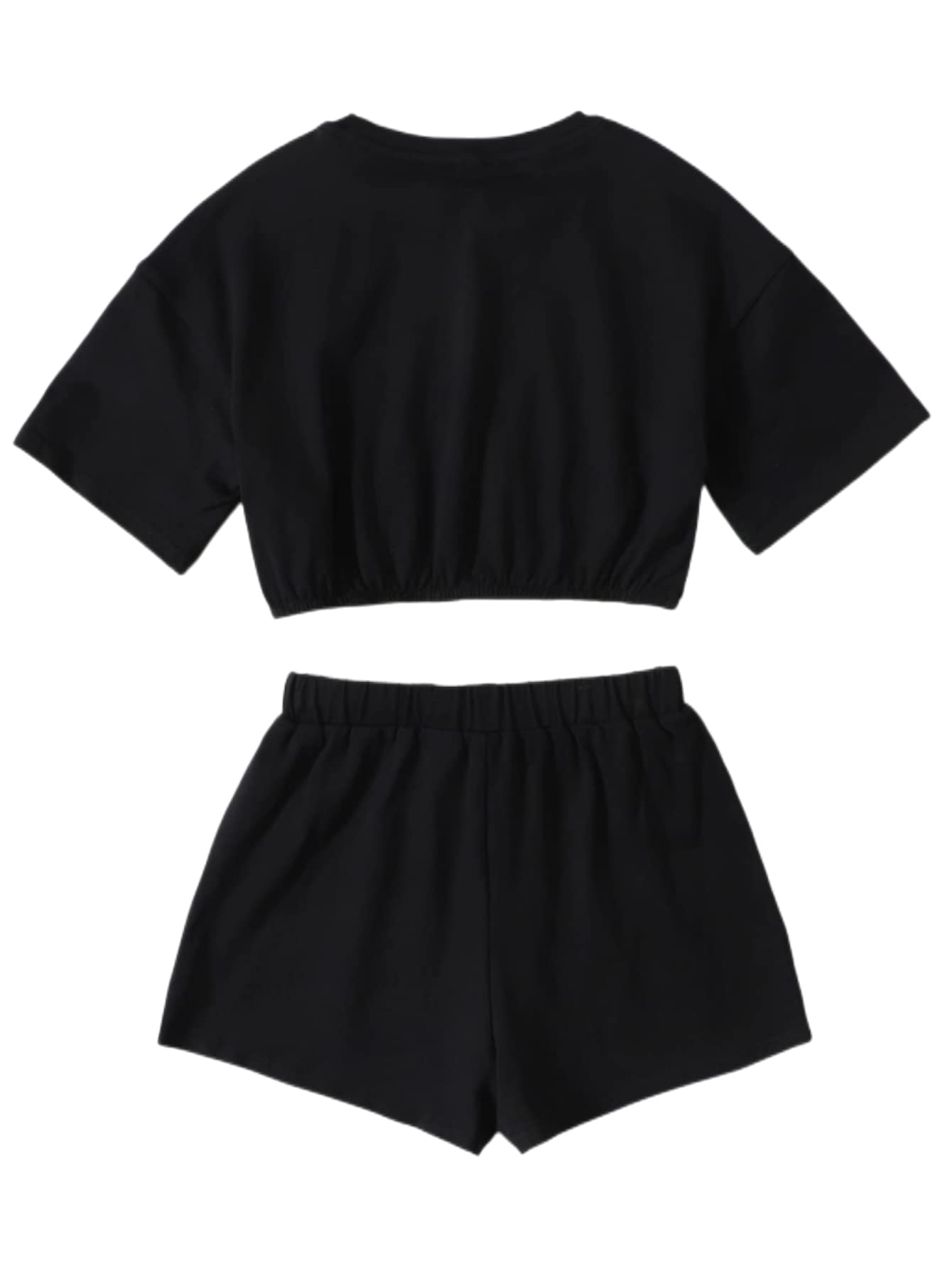 SHENHE Girl's Short Sleeve Letter Graphic 2Pcs Crop Top and Track Shorts Set Black 9Y